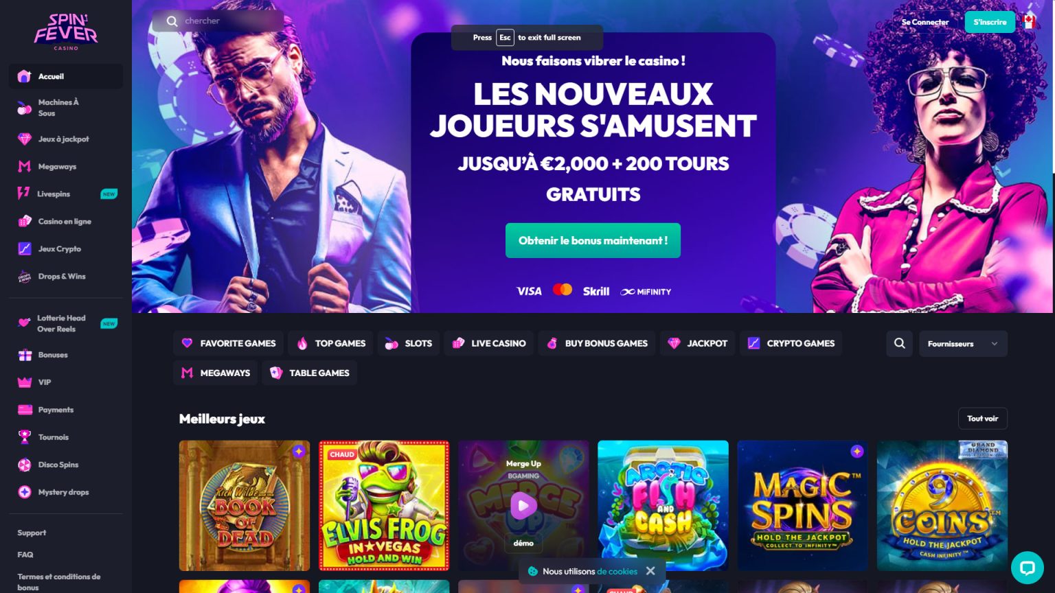 Spin Fever Casino 100 % jusqu'à 2000 $ + 200 tours gratuits